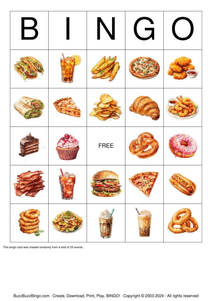 Fast Food Images Bingo Cards - 100 Pages to Download and Print - Etsy