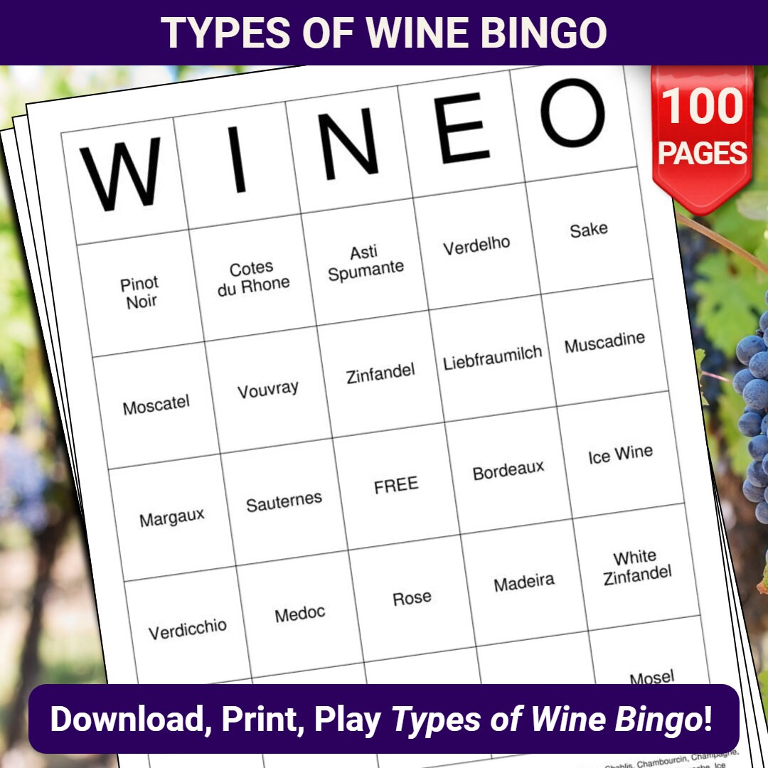 Types of Wine Bingo Cards - 100 Pages to Download and Print - Etsy