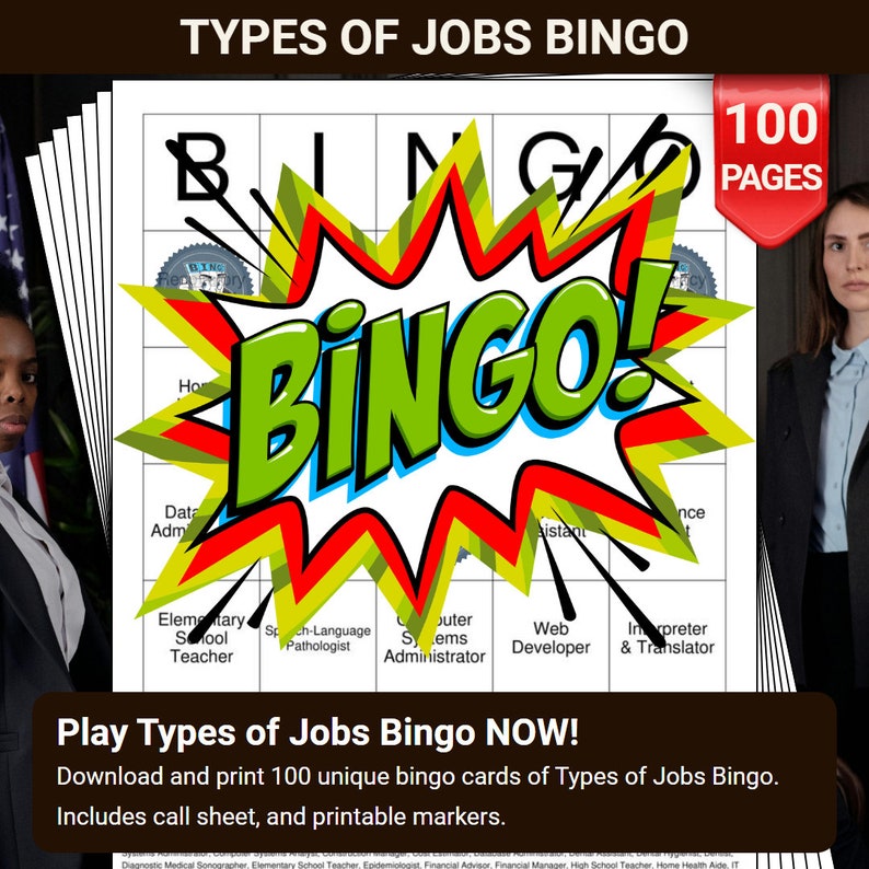Types of Jobs Bingo Cards - 100 Pages to Download and Print - Etsy ...