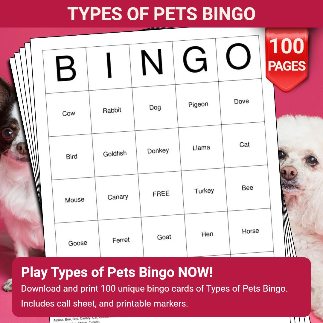 Types of Pets Bingo Cards - 100 Pages to Download and Print - Etsy