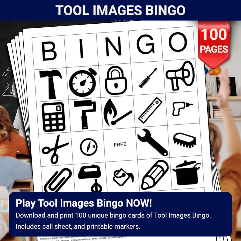 Tool Images Bingo Cards - 100 Pages to Download and Print - Etsy