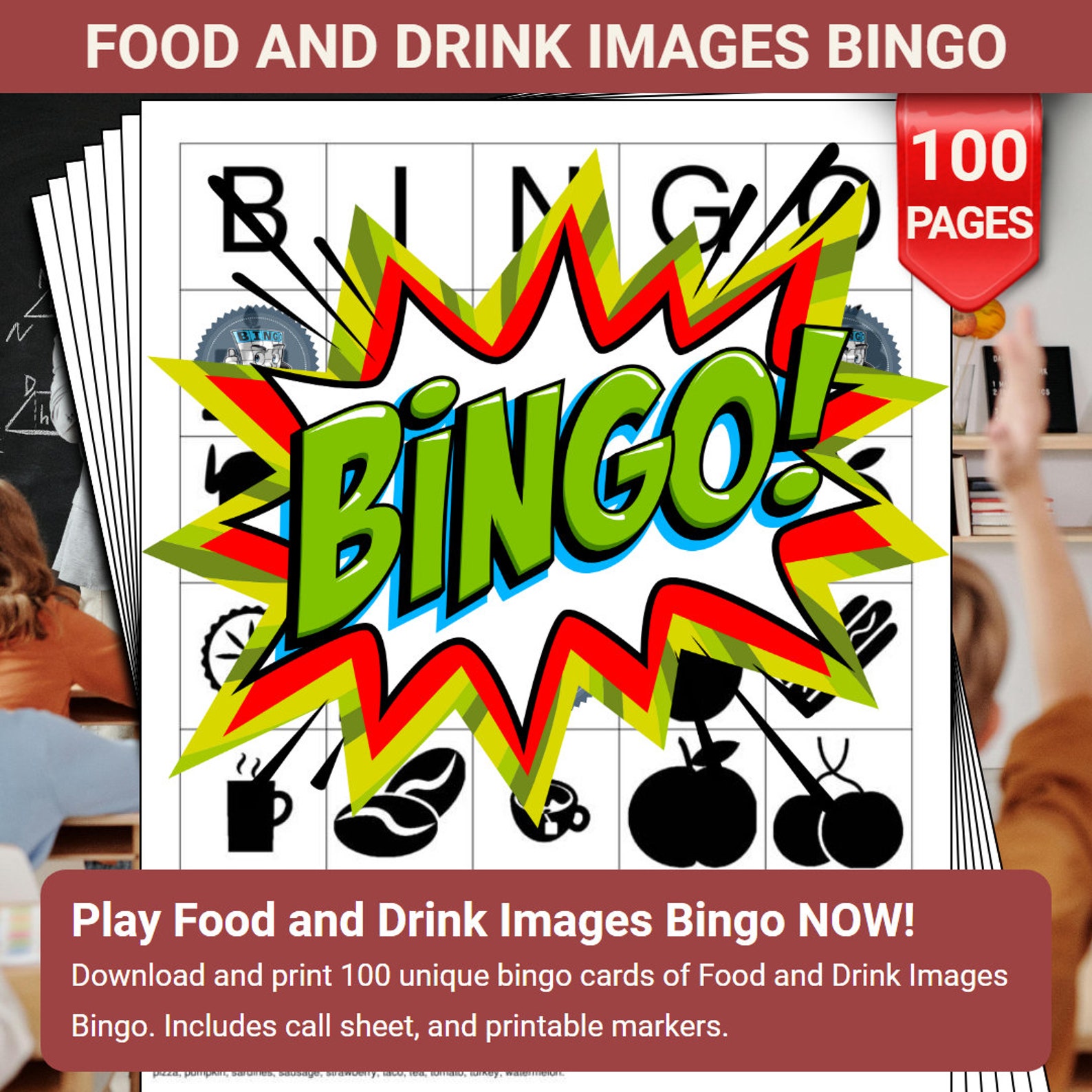 Food and Drink Images Bingo Cards - 100 Pages to Download and Print - Etsy