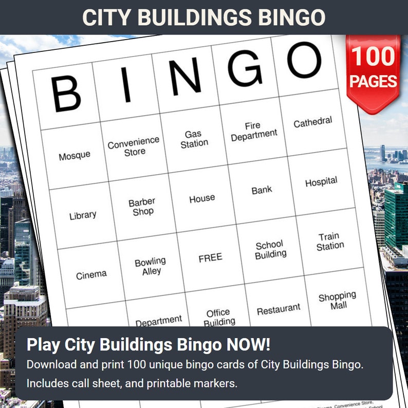 City Buildings Bingo Cards - 100 Pages to Download and Print - Etsy