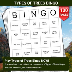 Types of Trees Bingo Cards - 100 Pages to Download and Print - Etsy
