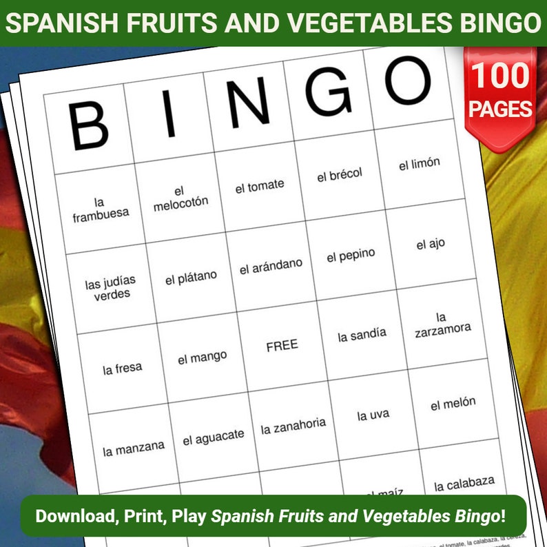 Spanish Fruits and Vegetables Bingo Cards - 100 Pages to Download and ...