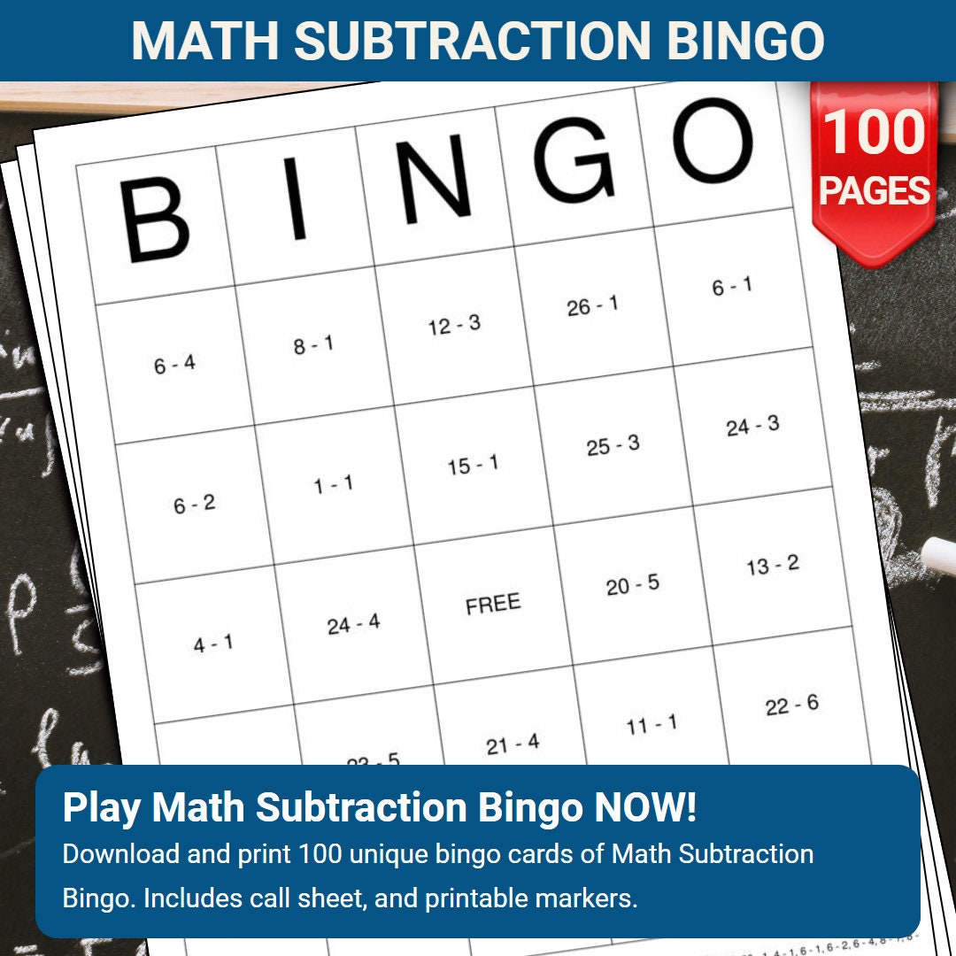 Math Subtraction Bingo Cards - 100 Pages to Download and Print - Etsy