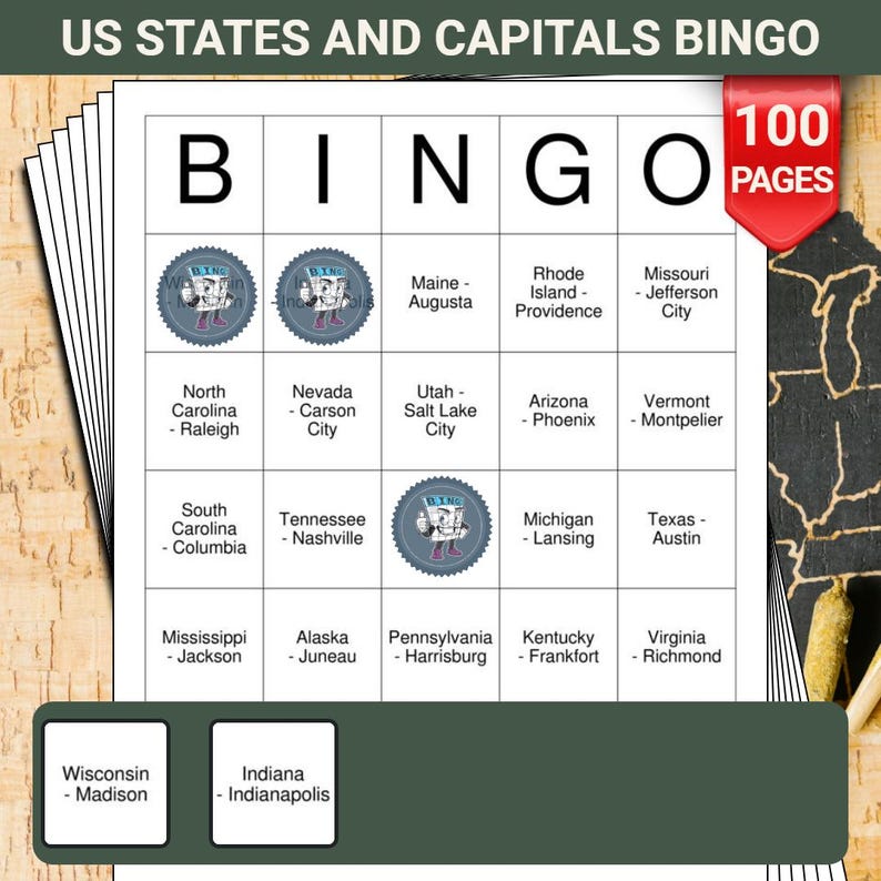 US States and Capitals Bingo Cards - 100 Pages to Download and Print - Etsy