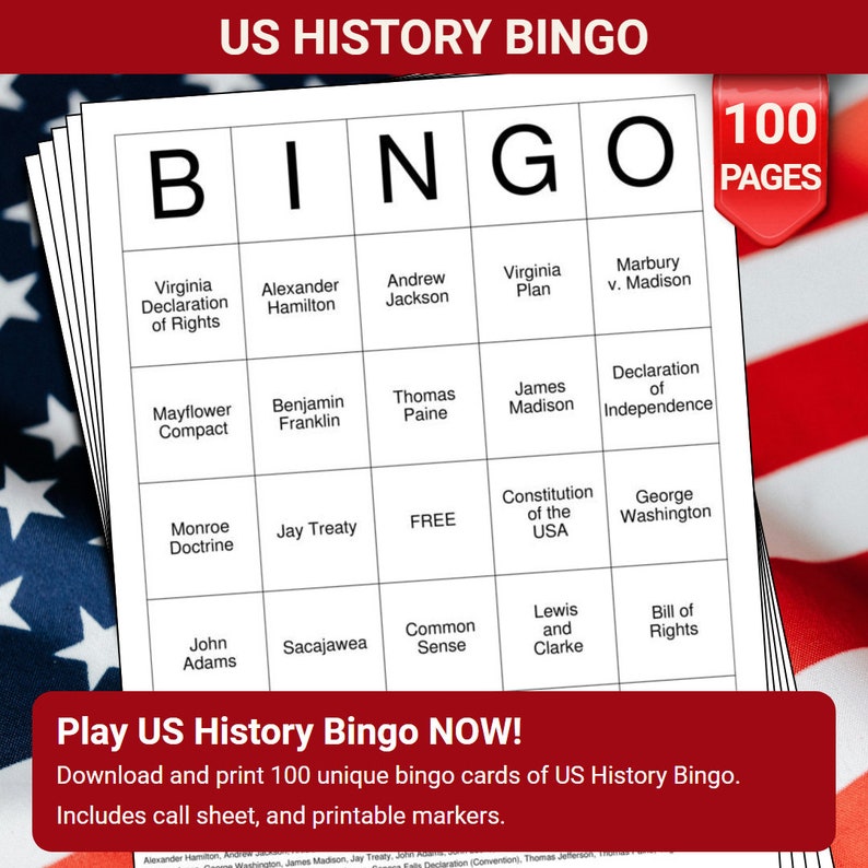 US History Bingo Cards - 100 Pages to Download and Print - Etsy