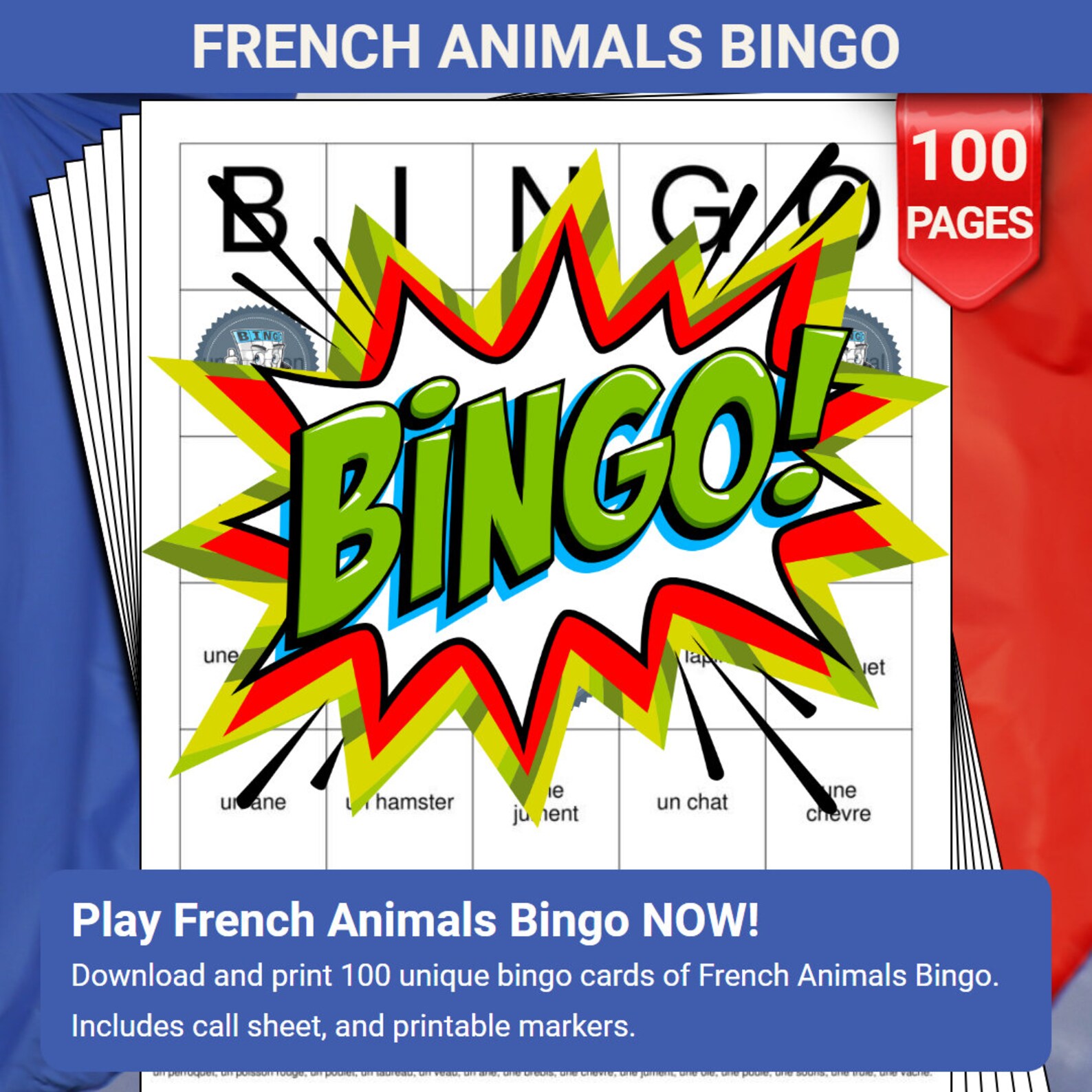 French Animals Bingo Cards - 100 Pages to Download and Print - Etsy