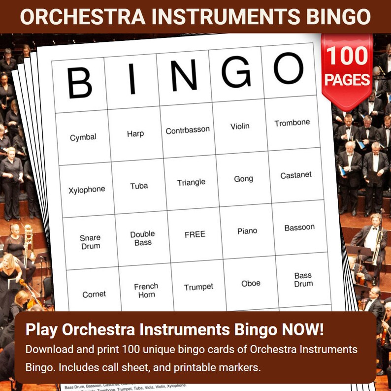 Orchestra Instruments Bingo Cards - 100 Pages to Download and Print - Etsy