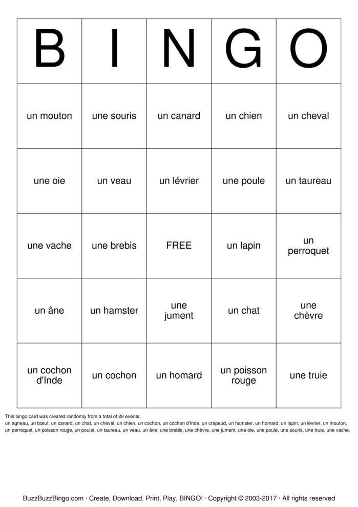 French Animals Bingo Cards - 100 Pages to Download and Print - Etsy