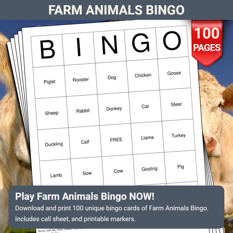 Farm Animals Bingo Cards - 100 Pages to Download and Print - Etsy