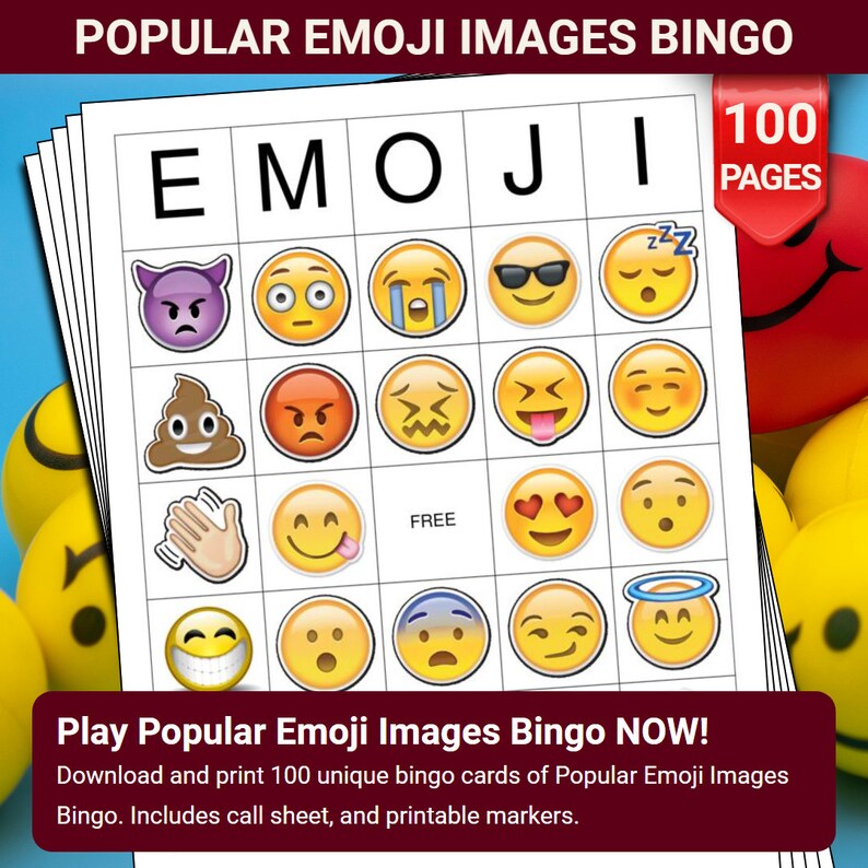 Popular Emoji Images Bingo Cards - 100 Pages to Download and Print - Etsy