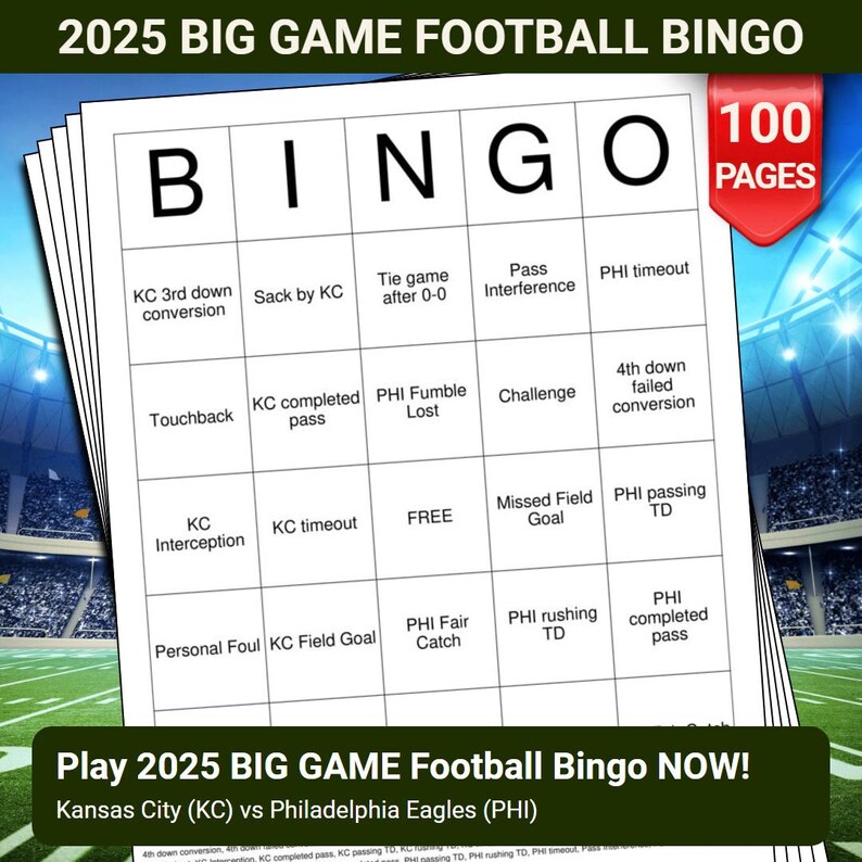 2025 BIG GAME Football Bingo Cards - 100 Pages to Download and Print - Etsy