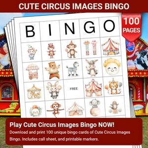 Cute Circus Images Bingo Cards - 100 Pages to Download and Print - Etsy
