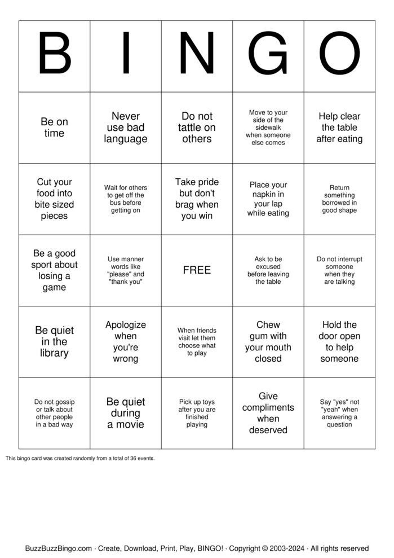 Manners Bingo Cards - 100 Pages to Download and Print - Etsy