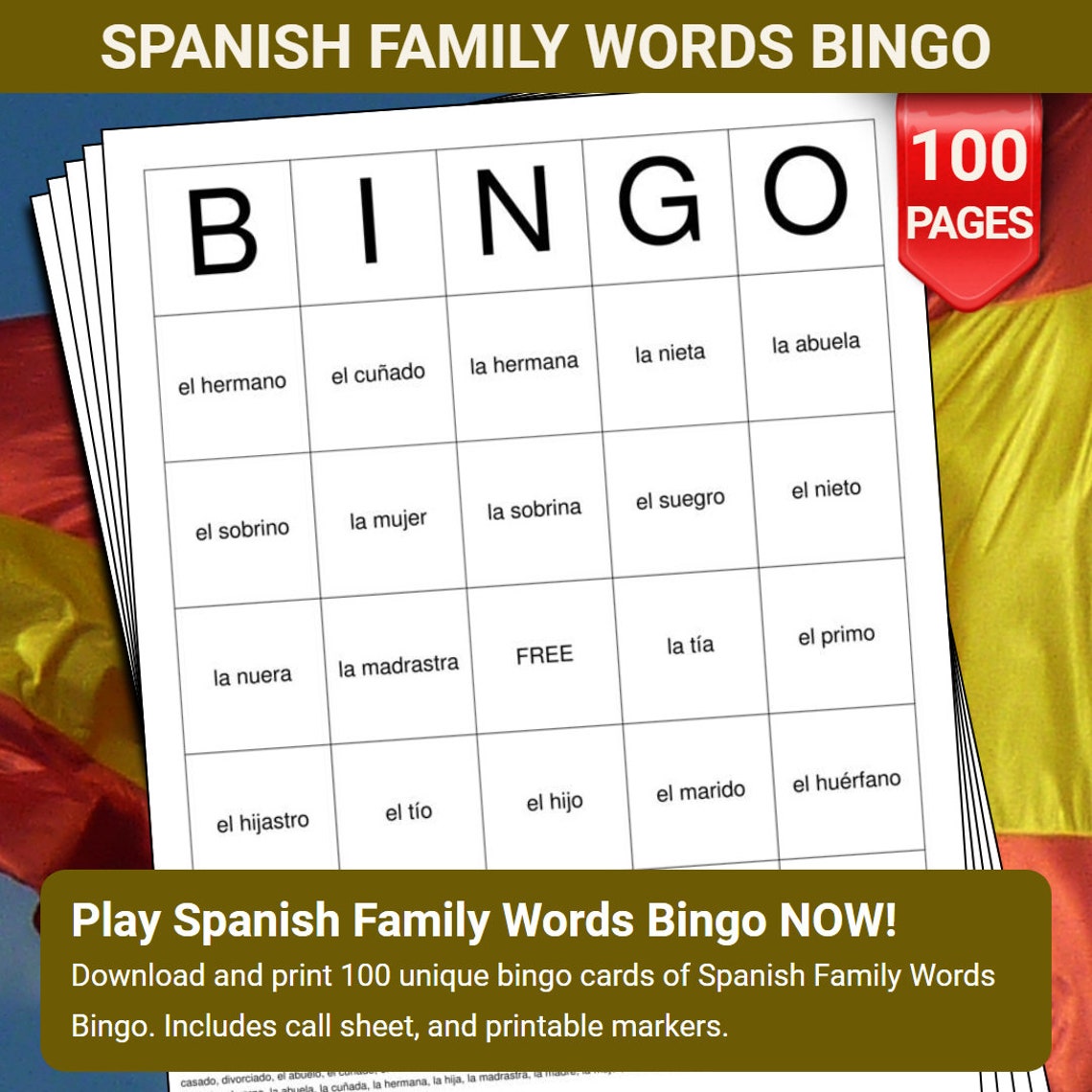 Spanish Family Words Bingo Cards - 100 Pages to Download and Print - Etsy