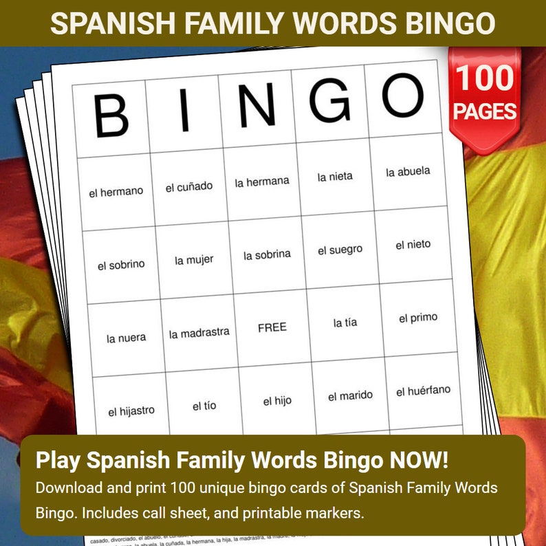 Spanish Family Words Bingo Cards - 100 Pages to Download and Print - Etsy