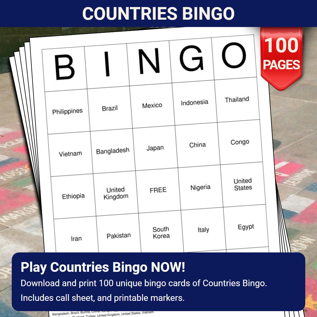 Countries Bingo Cards - 100 Pages to Download and Print - Etsy