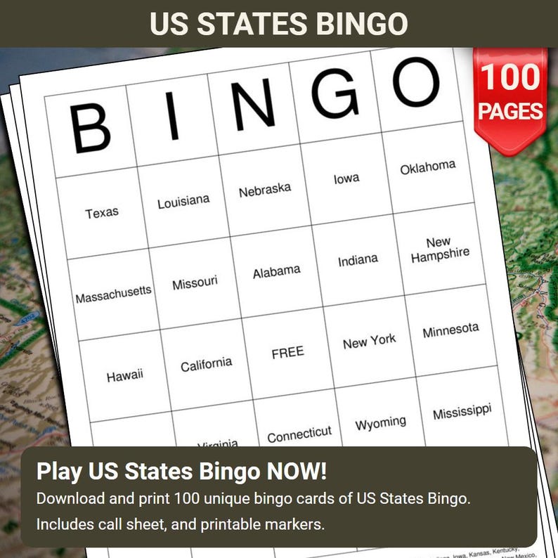 US States Bingo Cards - 100 Pages to Download and Print - Etsy