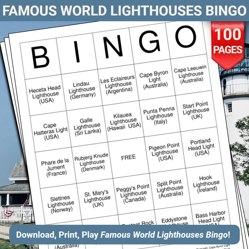 Famous World Lighthouses Bingo Cards - 100 Pages to Download and Print ...