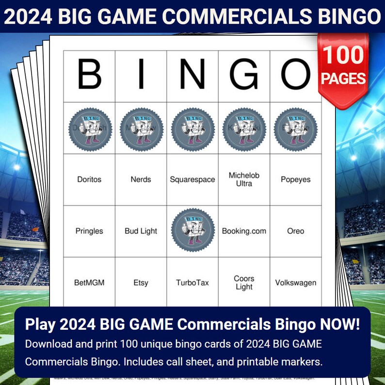 2024 BIG GAME Commercials Bingo Cards 100 Pages to Download and Print ...