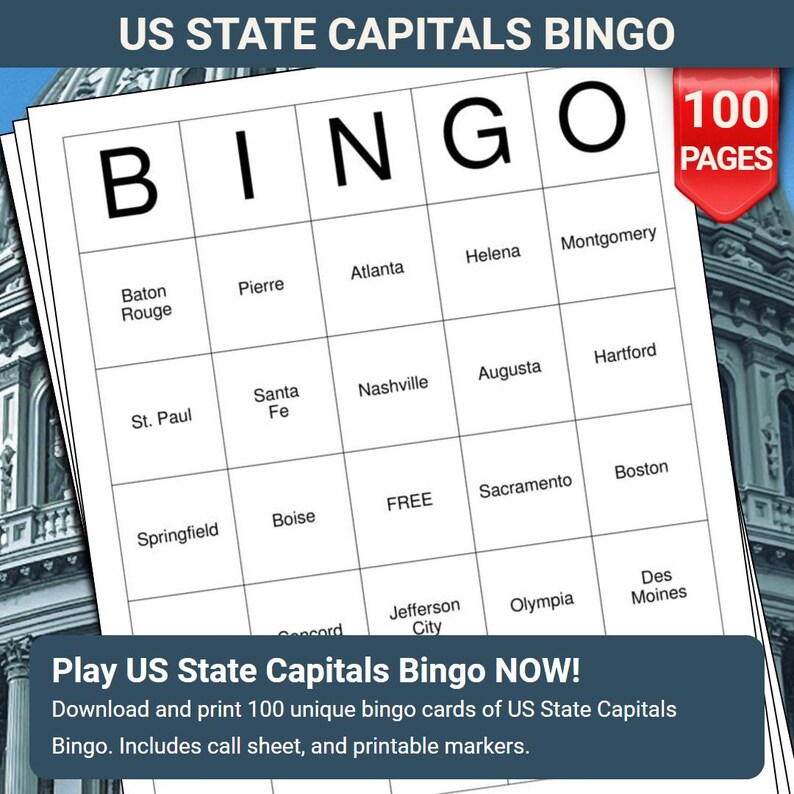 US State Capitals Bingo Cards - 100 Pages to Download and Print - Etsy