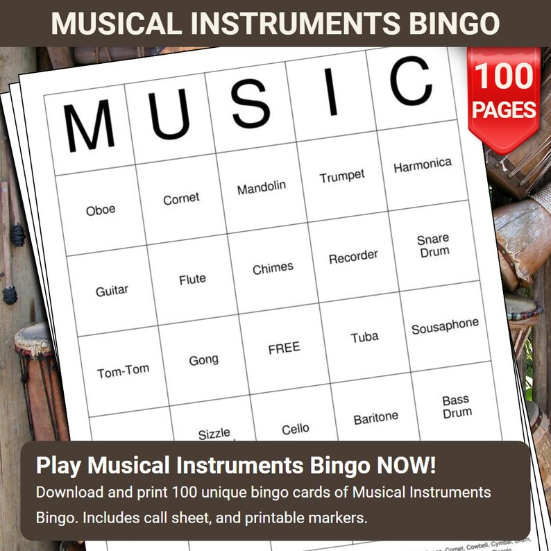 Musical Instruments Bingo Cards - 100 Pages to Download and Print - Etsy