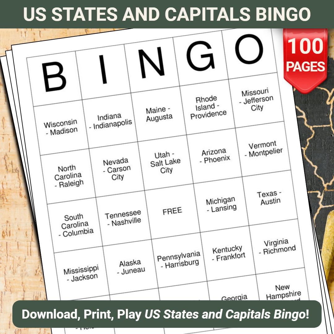 US States and Capitals Bingo Cards - 100 Pages to Download and Print - Etsy