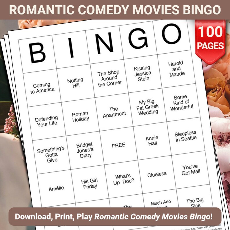 Romantic Comedy Movies Bingo Cards - 100 Pages to Download and Print - Etsy