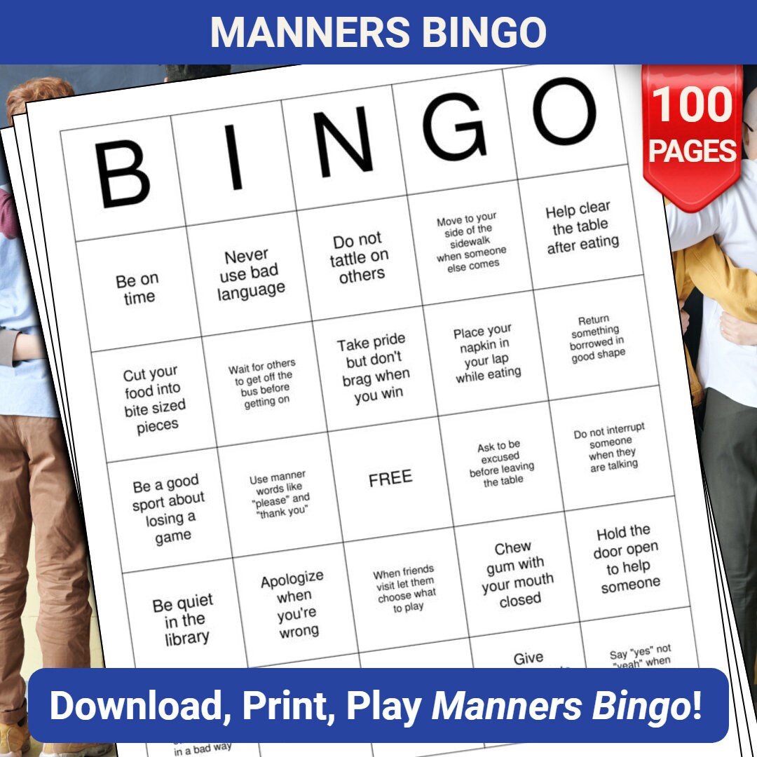 Manners Bingo Cards - 100 Pages to Download and Print - Etsy