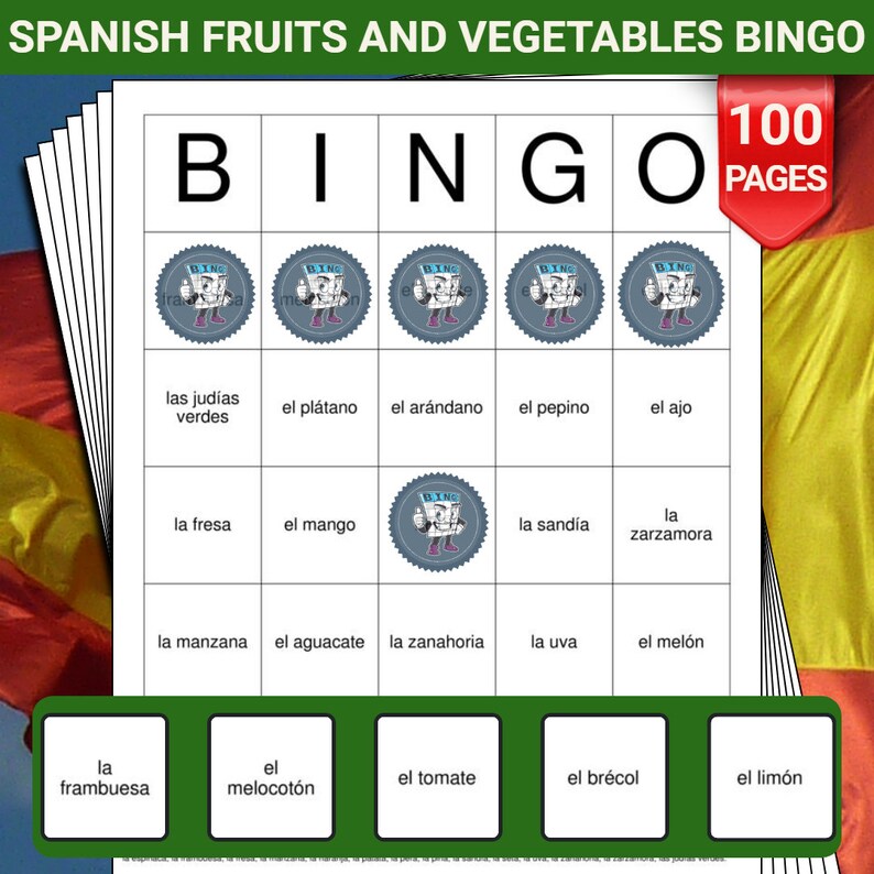 Spanish Fruits and Vegetables Bingo Cards - 100 Pages to Download and ...