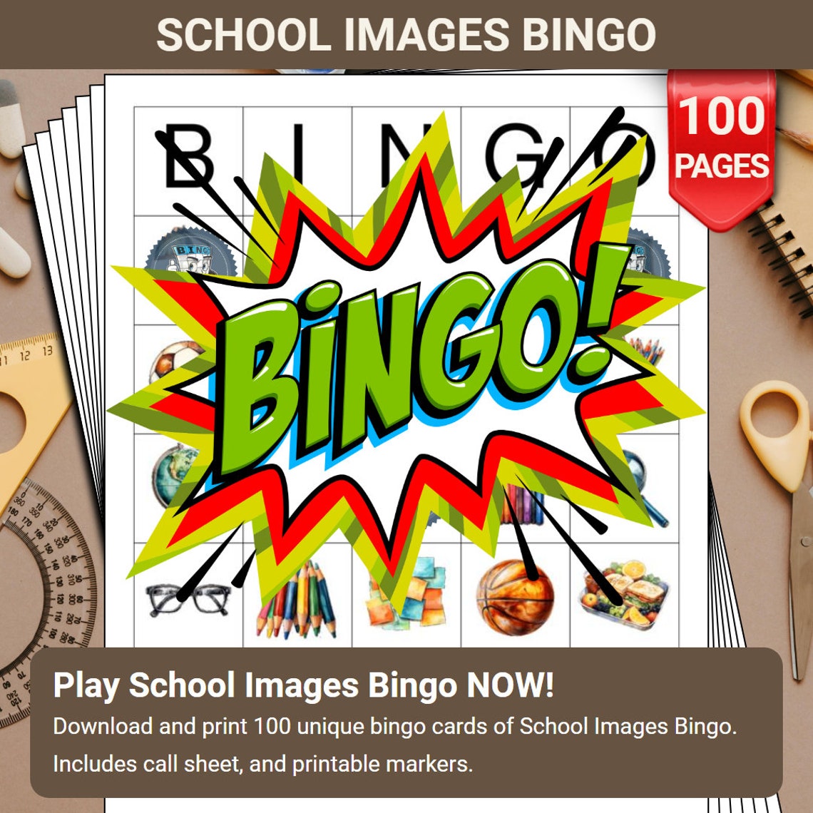 School Images Bingo Cards 100 Pages to Download and Print - Etsy