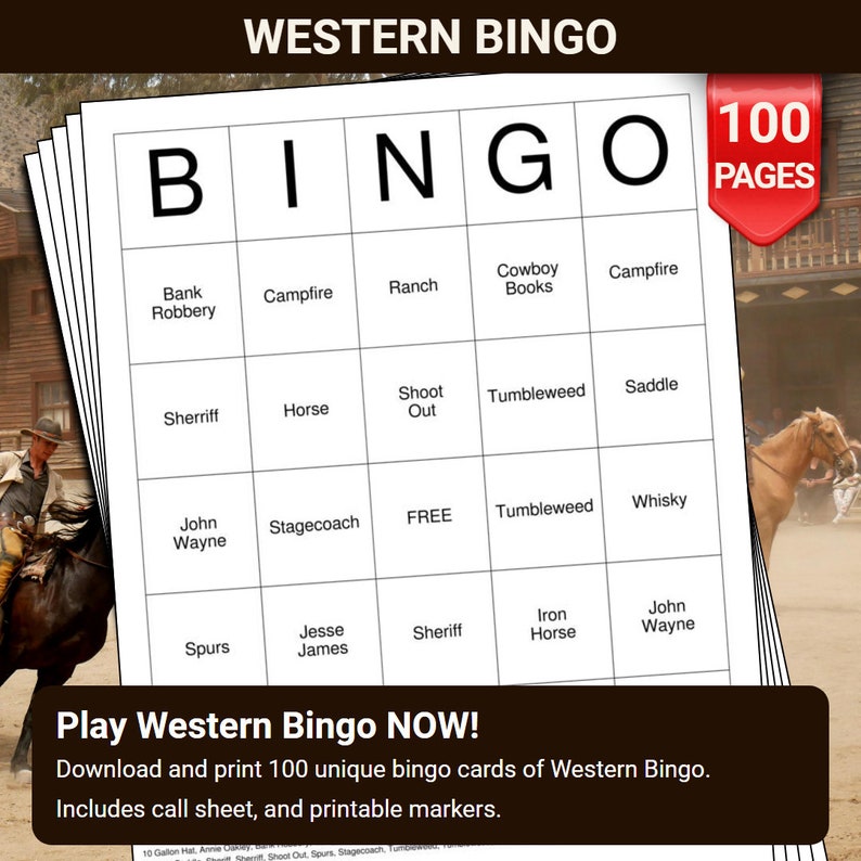 Western Bingo Cards - 100 Pages to Download and Print - Etsy