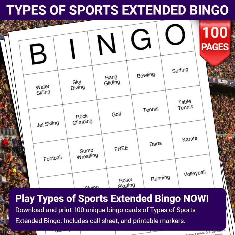 Types of Sports Extended Bingo Cards - 100 Pages to Download and Print ...