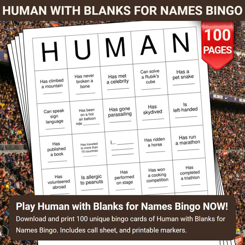 Human With Blanks for Names Bingo Cards - 100 Pages to Download and ...