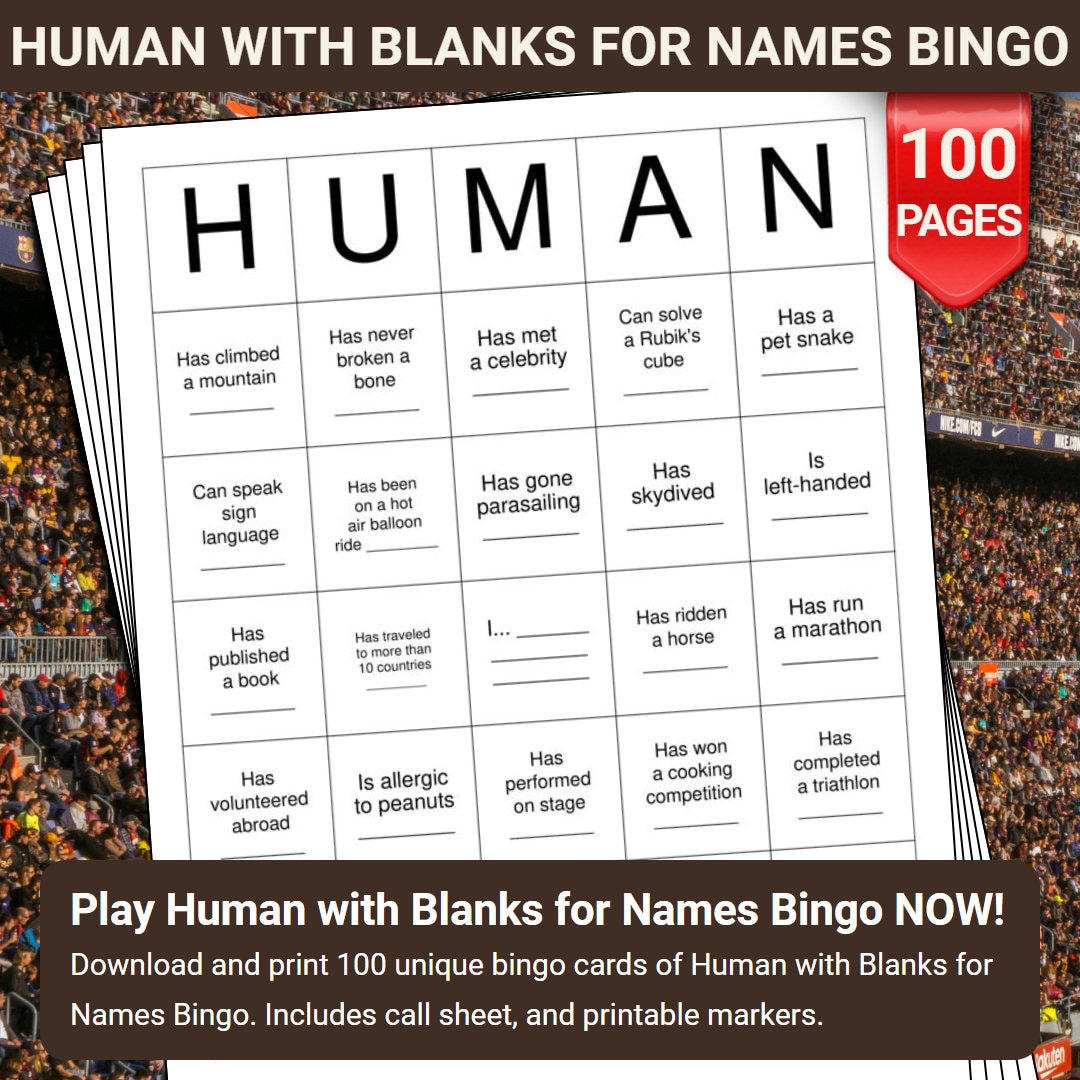 Human With Blanks for Names Bingo Cards - 100 Pages to Download and ...
