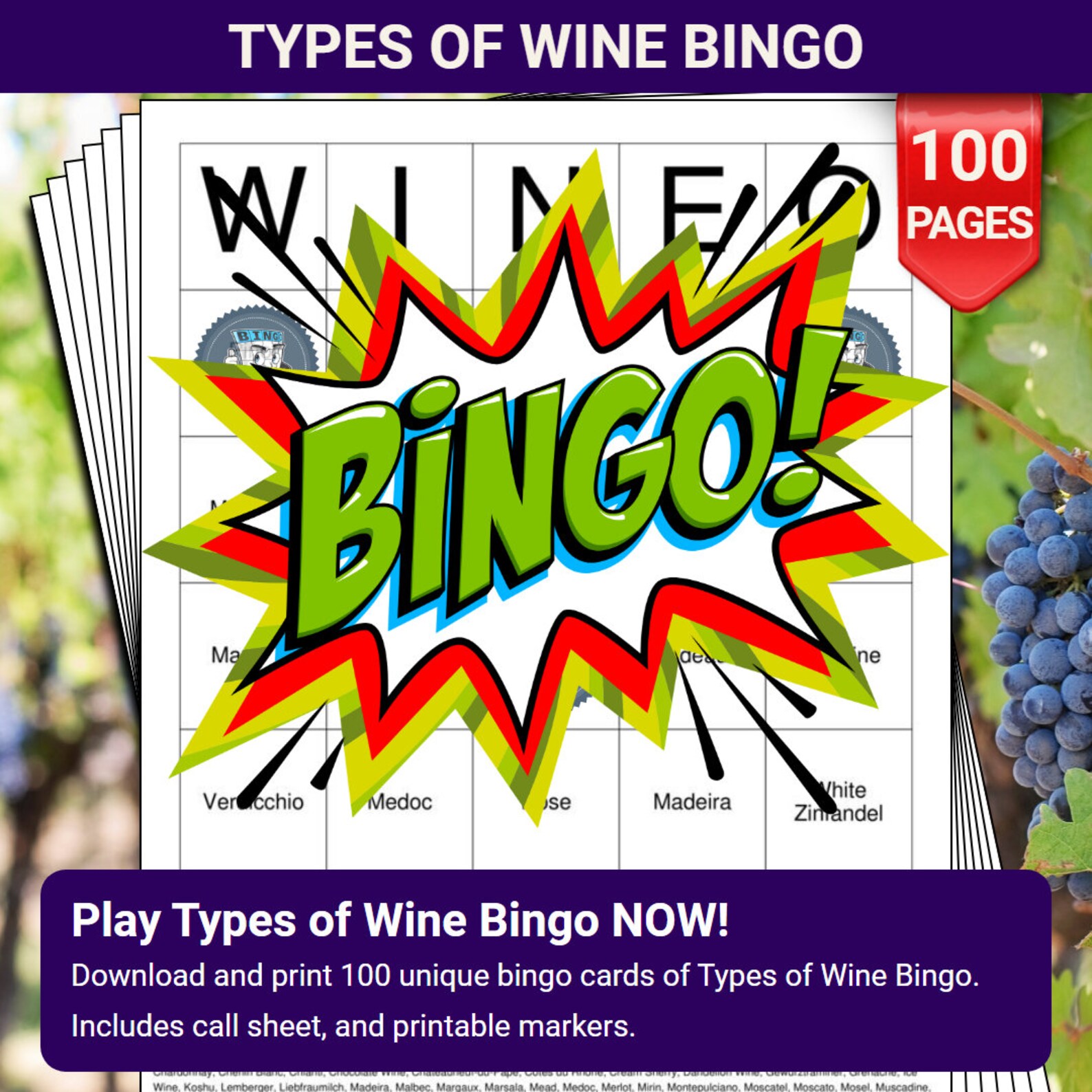 Types of Wine Bingo Cards - 100 Pages to Download and Print - Etsy