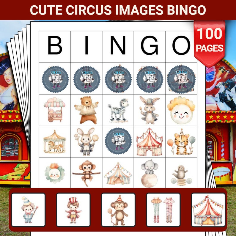 Cute Circus Images Bingo Cards - 100 Pages to Download and Print - Etsy