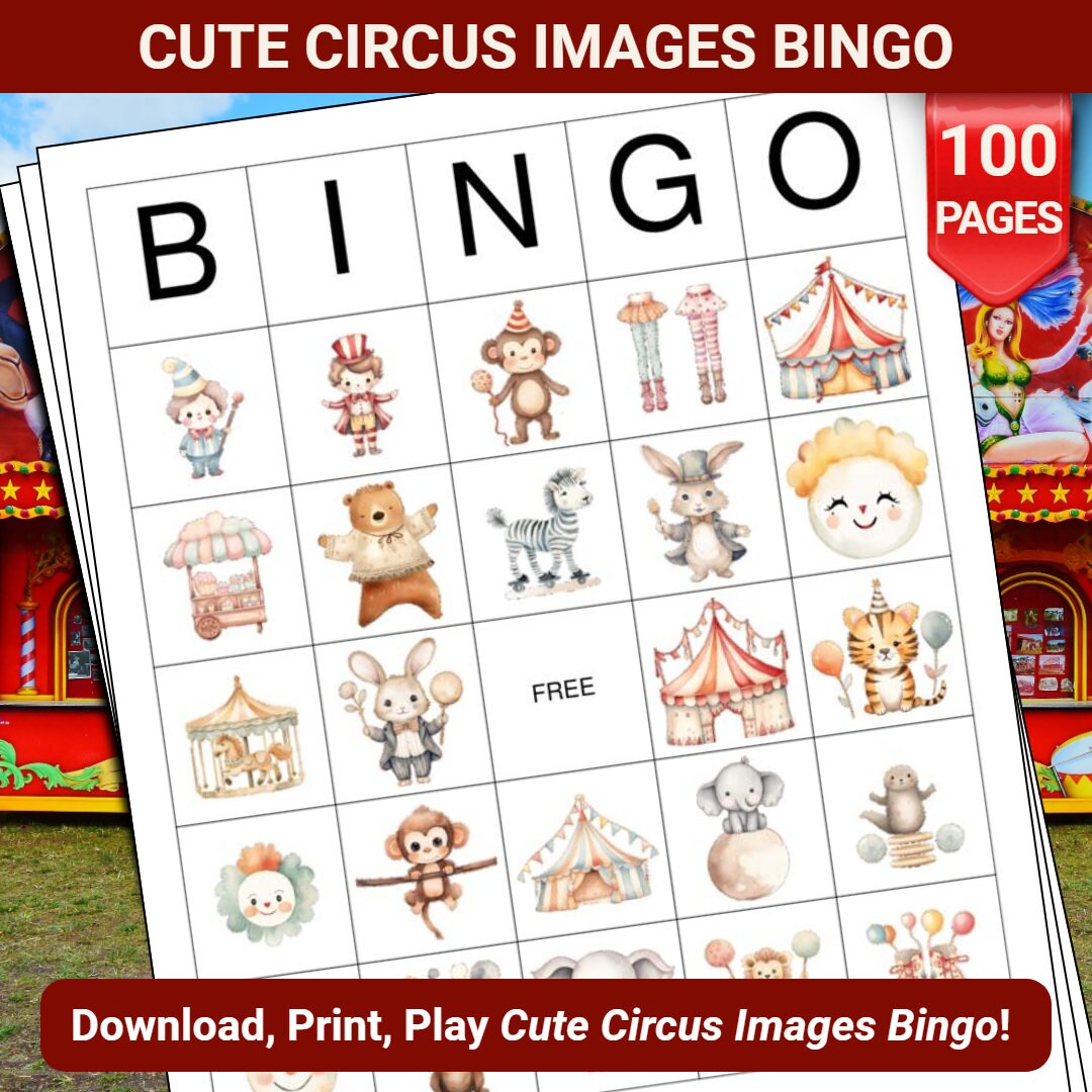 Cute Circus Images Bingo Cards - 100 Pages to Download and Print - Etsy