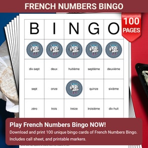 French Numbers Bingo Cards 100 Pages to Download and Print - Etsy