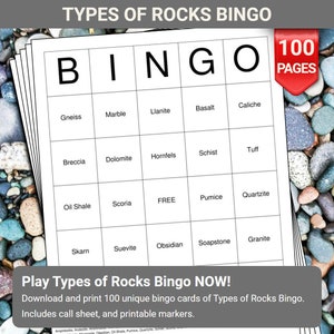 Types of Rocks Bingo Cards - 100 Pages to Download and Print - Etsy ...