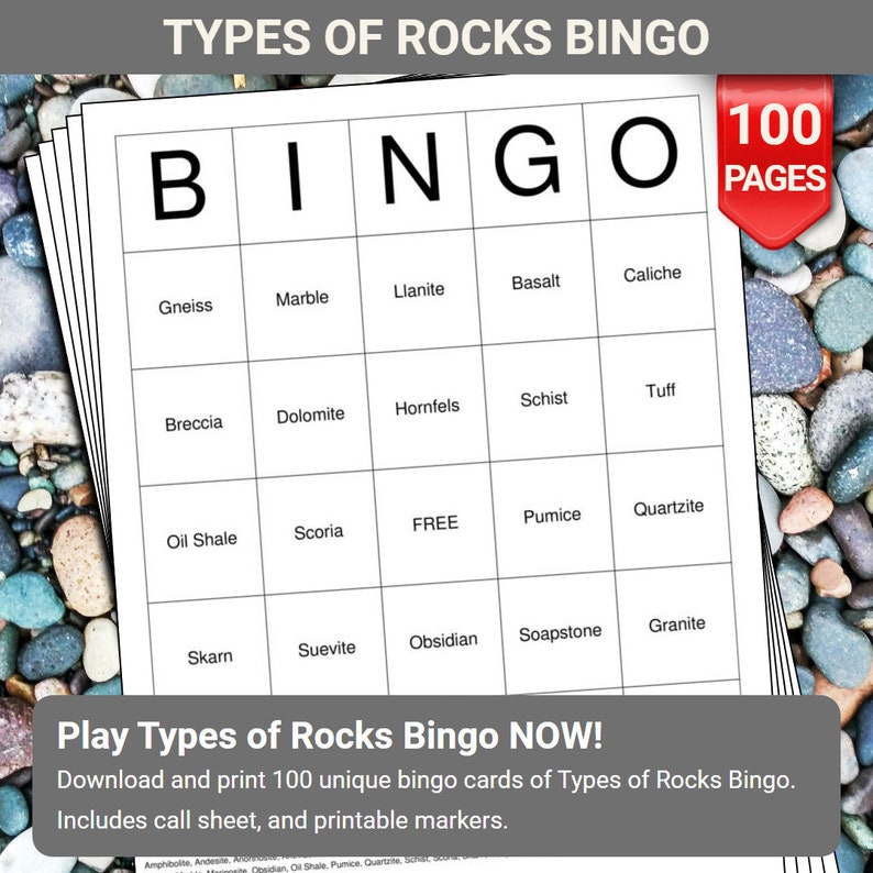 Types of Rocks Bingo Cards - 100 Pages to Download and Print - Etsy ...