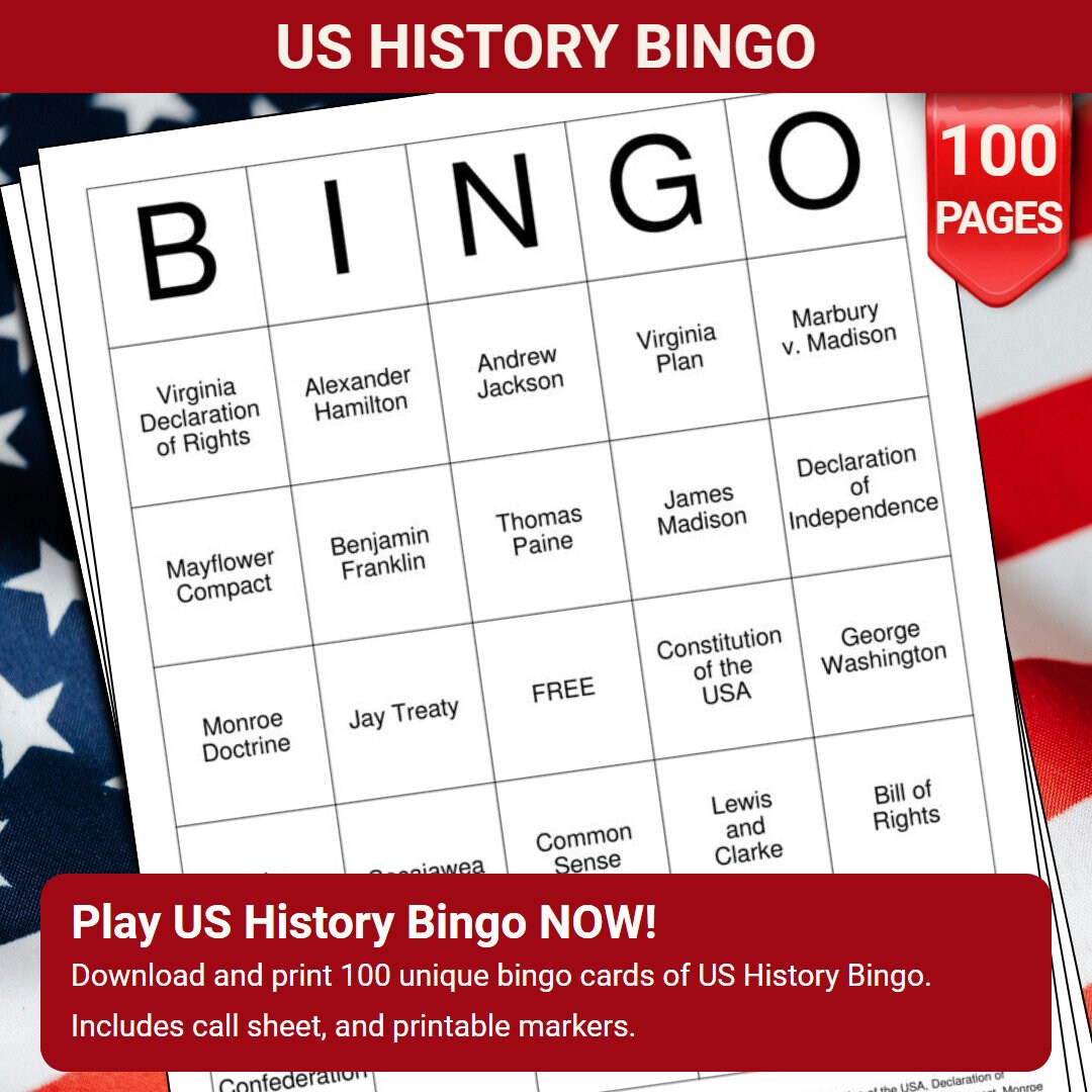 US History Bingo Cards - 100 Pages to Download and Print - Etsy