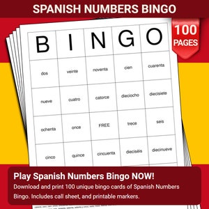 Spanish Numbers Bingo Cards - 100 Pages to Download and Print - Etsy