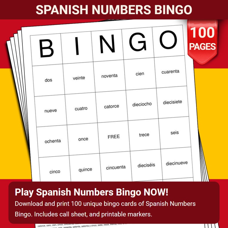 Spanish Numbers Bingo Cards - 100 Pages to Download and Print - Etsy