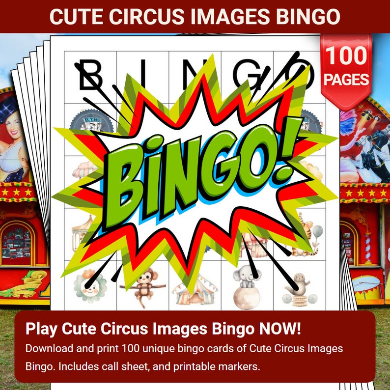 Cute Circus Images Bingo Cards - 100 Pages to Download and Print - Etsy