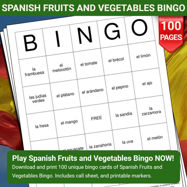 Spanish Fruits and Vegetables Bingo Cards - 100 Pages to Download and ...