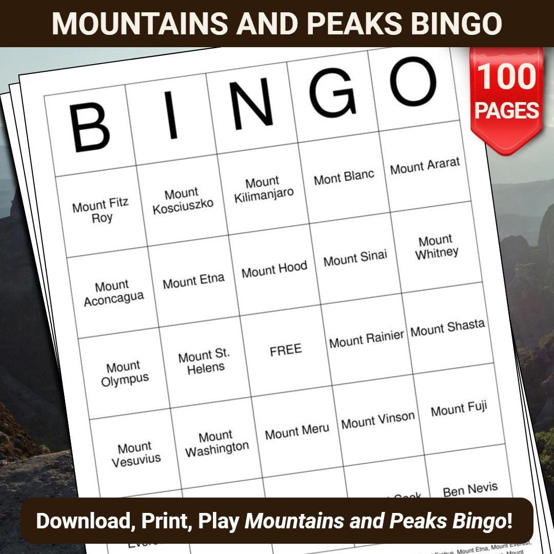 Mountains and Peaks Bingo Cards - 100 Pages to Download and Print - Etsy