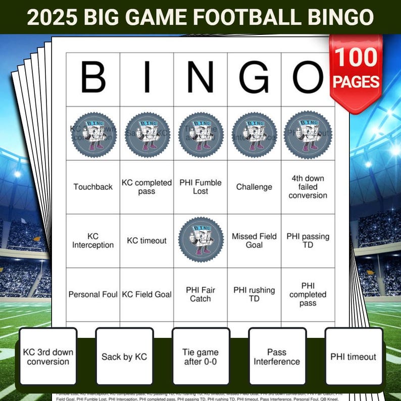 2025 BIG GAME Football Bingo Cards - 100 Pages to Download and Print - Etsy